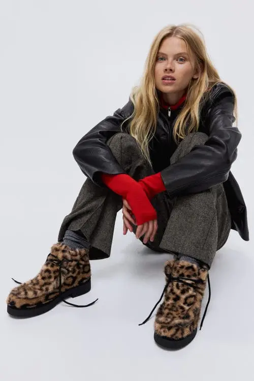 H&M Leopard Print Faux Fur Lace-up Boots - Beige/leopard Print
