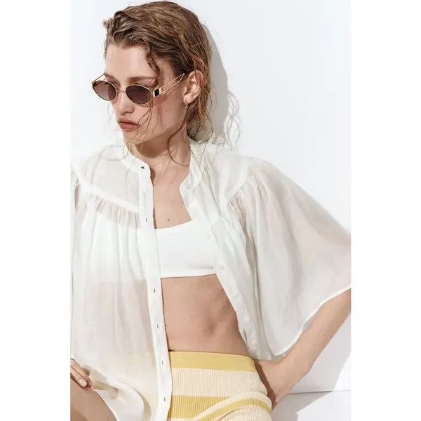 H&m Butterfly Sleeve Blouse With Band Collar - White