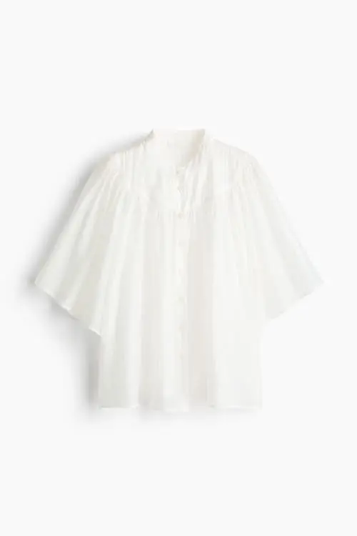 H&m Butterfly Sleeve Blouse With Band Collar - White