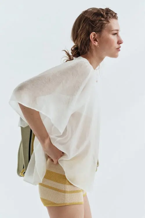 H&m Butterfly Sleeve Blouse With Band Collar - White