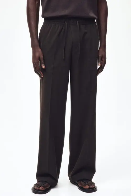 H&m Wide Leg Trousers With Drawstring Waist - Dark Brown