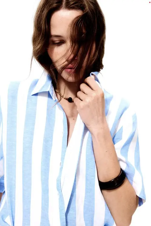 H&m Oversized Linen-blend Shirt With Classic Collar And Short Sleeves - Light Blue/striped