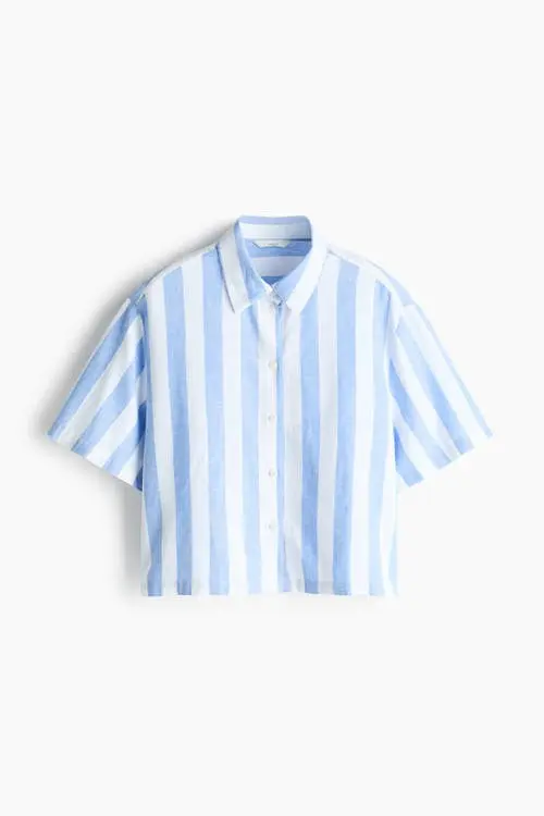 H&m Oversized Linen-blend Shirt With Classic Collar And Short Sleeves
