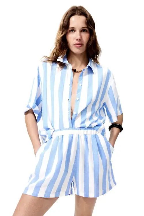 H&m Oversized Linen-blend Shirt With Classic Collar And Short Sleeves