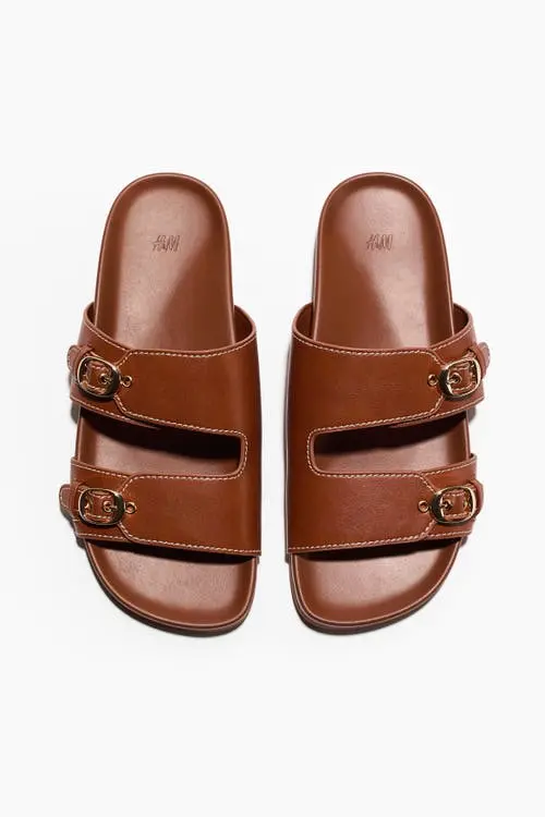 H&m Coated Fabric Slide Sandals With Adjustable Buckles - Brown