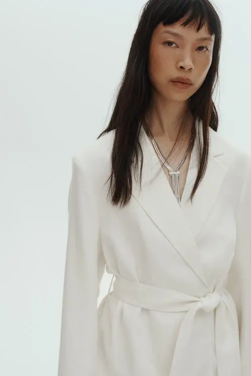 H&m Textured-weave Tie-belt Blazer - Cream