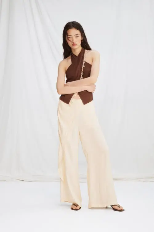 H&m Wrap-detail Satin Wide-leg Trousers - Cream