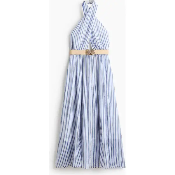 H&m Belted Halterneck Dress - Blue/striped
