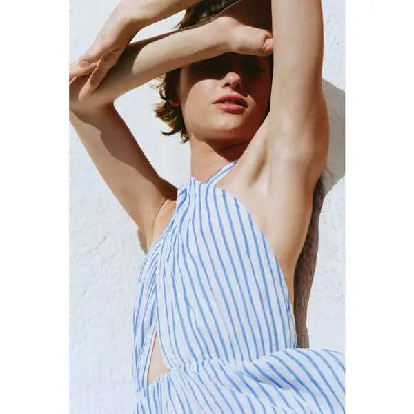 H&m Belted Halterneck Midi Dress With Seashell Buckle - Blue/striped