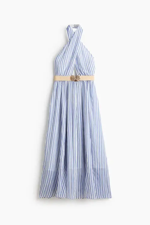 H&m Belted Halterneck Midi Dress With Seashell Buckle
