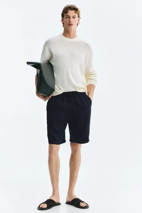H&M Loose-fit Twill Shorts With Drawstring Waist - Navy Blue
