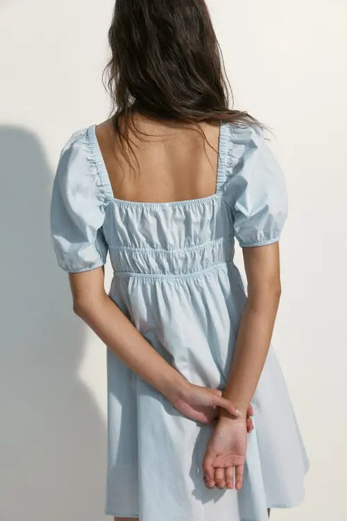 H&m Puff-sleeved Poplin Dress - Light Blue