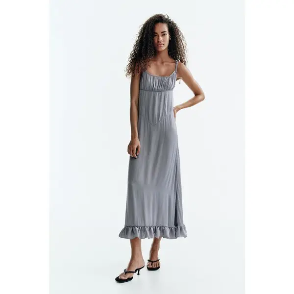 H&m Maxi Dress With Tie Straps And Frill Trim - Gray