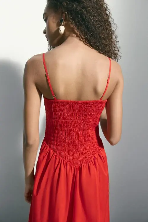 H&m Smocked Flared-skirt Dress - Red