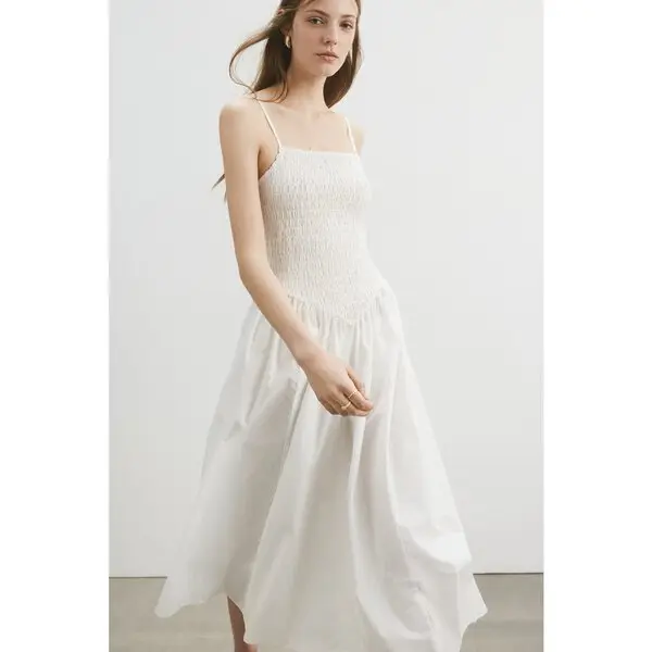 H&m Smocked Flared-skirt Maxi Dress - White
