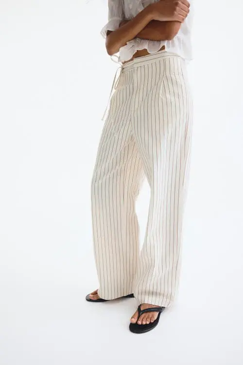 H&m Tie-detail Straight Leg Trousers - White/striped
