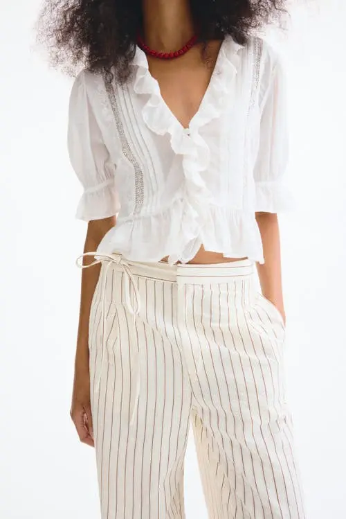 H&m Tie-detail Straight Leg Trousers - White/striped