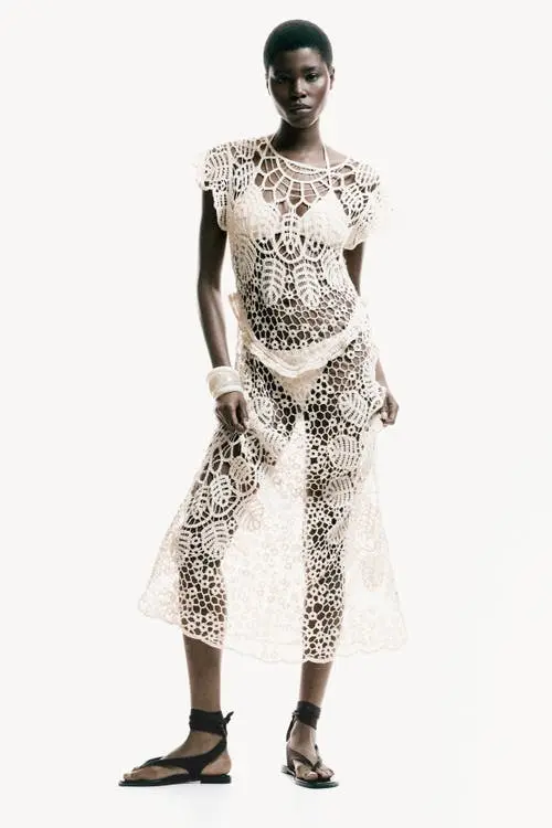 H&m Long Flutter-sleeved Crochet-look Dress - Cream