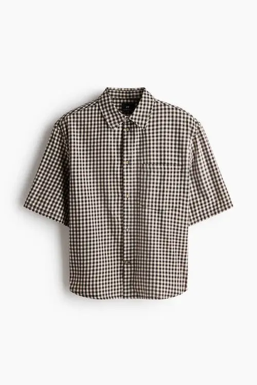 H&m Relaxed Fit Short-sleeved Cotton Shirt - Black/checked