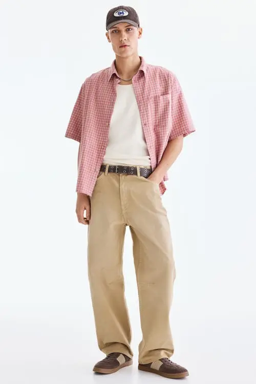 H&m Relaxed Fit Short-sleeved Cotton Shirt - Pink/checked
