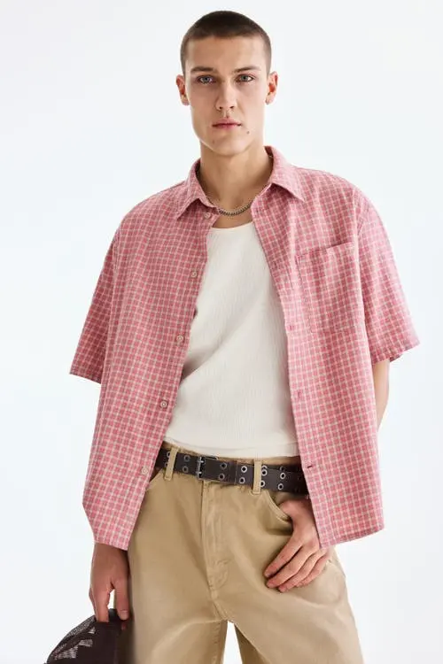 H&m Relaxed Fit Short-sleeved Cotton Shirt - Pink/checked