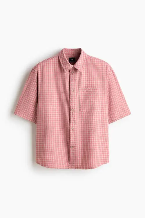 H&m Relaxed Fit Short-sleeved Cotton Shirt - Pink/checked