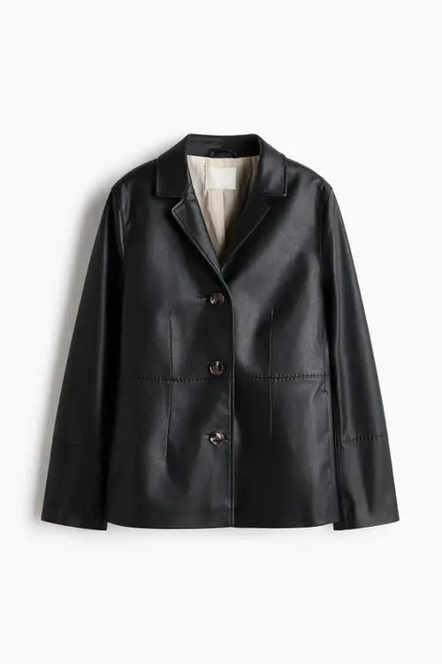 H&m Coated Jacket With Notch Lapels - Black