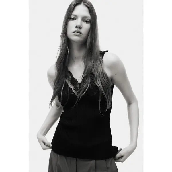 H&m Ribbed Lace-trimmed Vest Top - Black