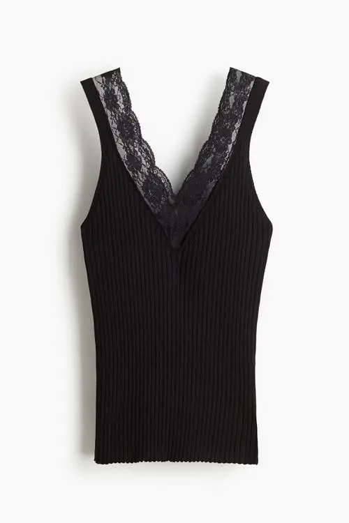 H&m Ribbed Lace-trimmed Vest Top