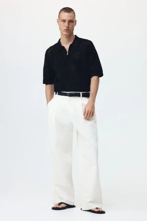 H&m Relaxed Fit Hole-knit Polo Shirt - Black
