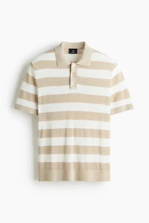H&m Regular Fit Knitted Polo Shirt - Light Beige/striped