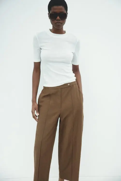 H&m Linen-blend Barrel Trousers - Brown