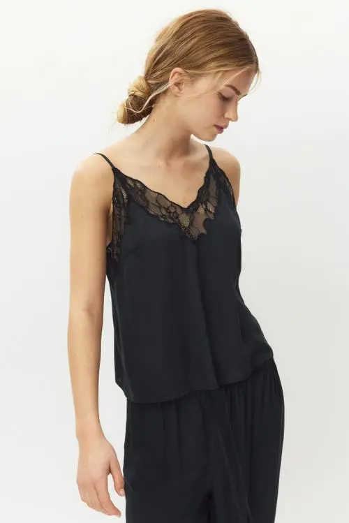 H&m Lace-trimmed Satin Pyjama Top - Black