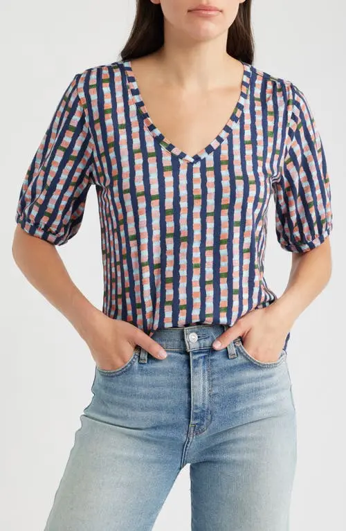 NIC+ZOE Striped Cotton & Modal V-neck Top - Indigo Multi