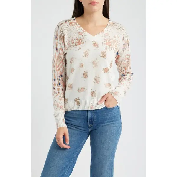 NIC+ZOE Paisley V-neck Sweater - Pink Multi