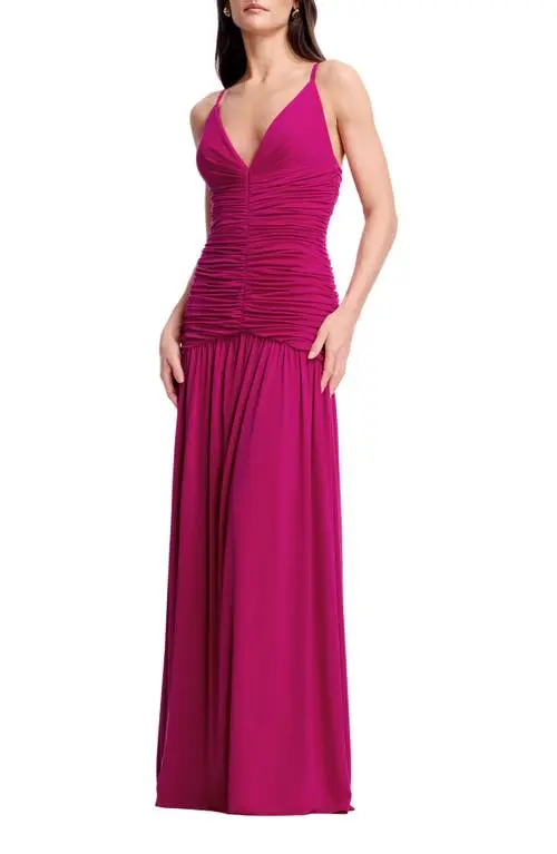 Dress The Population Elora Ruched Plunge Neck Gown - Dark Fuchsia