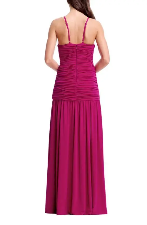 Dress The Population Elora Ruched Plunge Neck Gown - Dark Fuchsia
