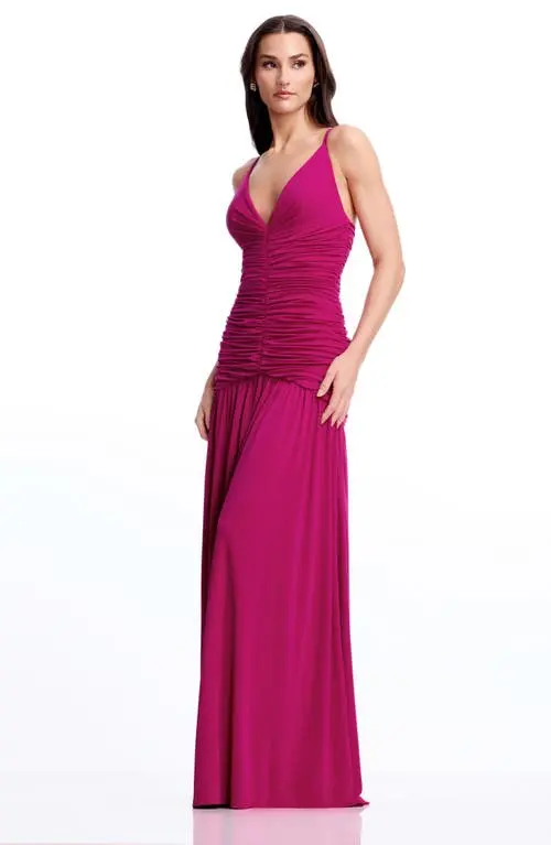 Dress The Population Elora Ruched Plunge Neck Gown - Dark Fuchsia