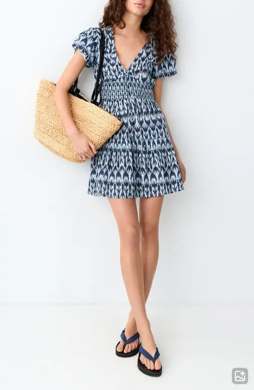 Mango Metallic Shimmer Smocked Minidress - Navy