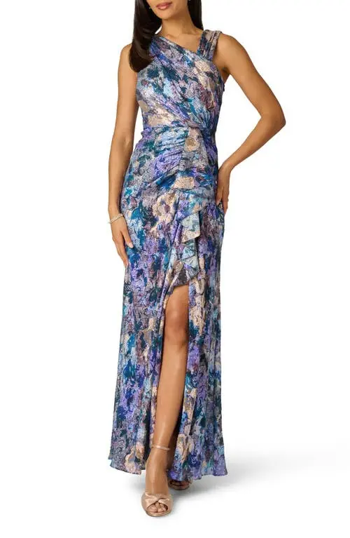 Adrianna Papell Floral Metallic Crinkle Asymmetric Neck Gown - Blue Multi