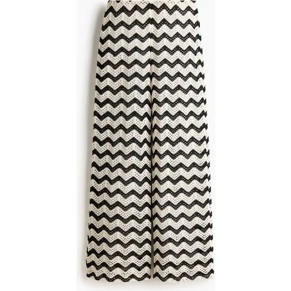 H&m Wide Textured-knit Trousers - Black/zigzag Pattern