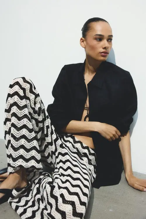 H&m Wide Textured-knit Trousers - Black/zigzag Pattern