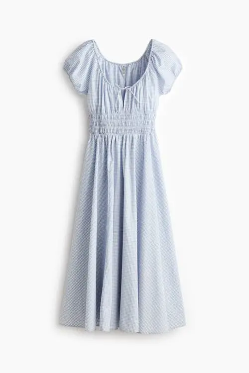 H&m Smocked-waist Dress - Light Blue/checked