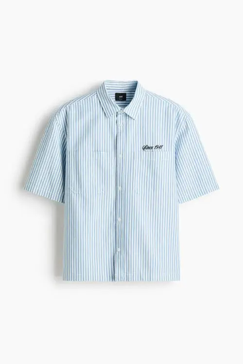 H&m Relaxed Fit Embroidered-motif Cotton Shirt - Blue/striped