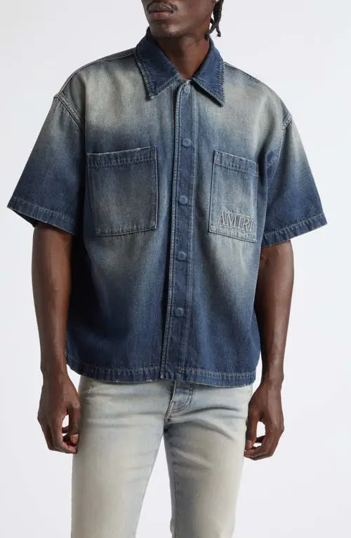 Amiri 3d Logo Short Sleeve Snap-up Denim Shirt - Sandstone