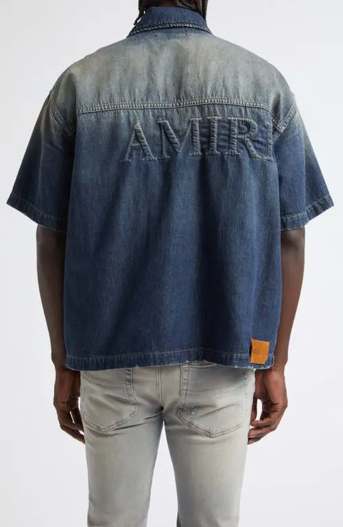 Amiri 3d Logo Short Sleeve Snap-up Denim Shirt - Sandstone