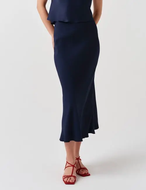 GHOST LONDON Lyra Crepe Midi Skirt - Navy