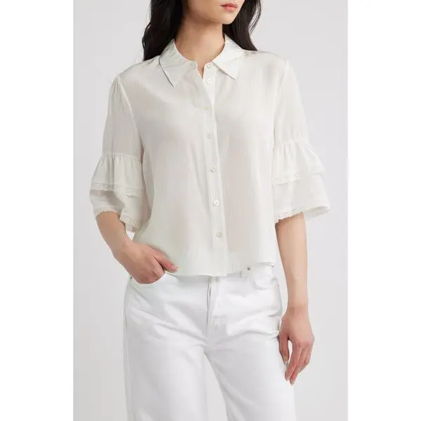 FRAME Lace Trim Ruffle Sleeve Silk Button-up Top - Cream Multi