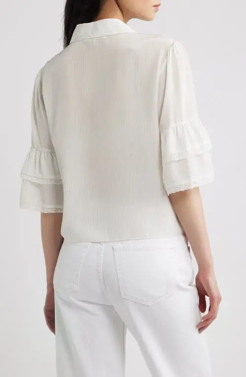 FRAME Lace Trim Ruffle Sleeve Silk Button-up Top