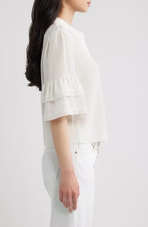 FRAME Lace Trim Ruffle Sleeve Silk Button-up Top